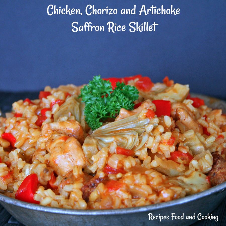Chicken, Chorizo and Artichoke Saffron Rice Skillet